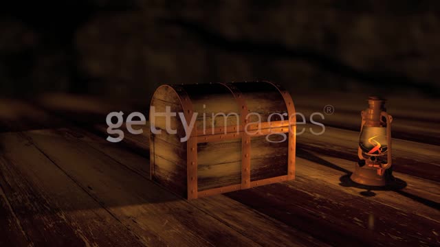 Computer generated animation of a wooden treasure chest opening to ...