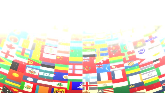 High definition animated loop of a grid of world flags rising up ...