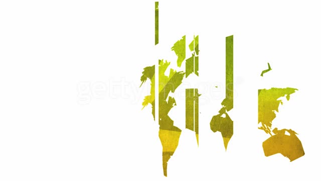 Computer generated animation of a world map breaking and re-forming in ...