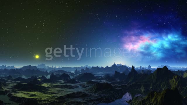 Rocky landscape of a primitive planet. Sharp hills and rocks stand ...