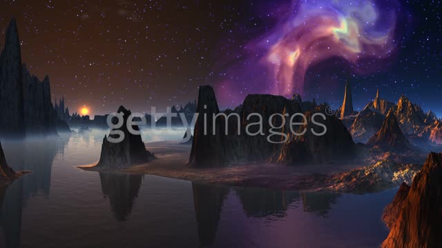 The huge planet towers over the horizon. Low mountains stand among ...