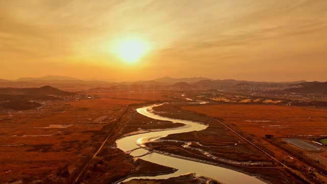 Siheung-si, Misaenguidari, mudflat, village, and nature scenery at sunrise / Gyeonggi-do, South ...