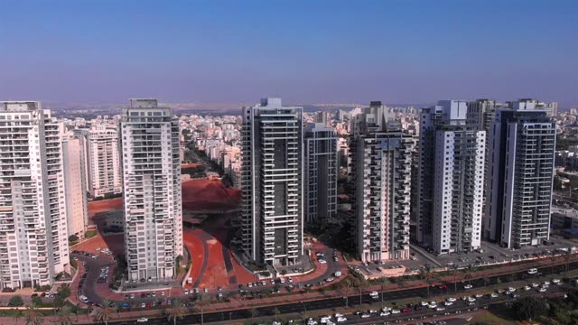 Drone footage over petah tikva City with modern architecture Buildings ...