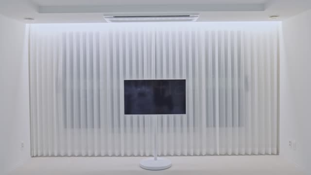 Home interior, apartment, movable TV, curtain, blind, system air ...