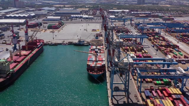 Aerial view over Ashdod Port, Ships and containers Ashdod Harbor, Drone ...
