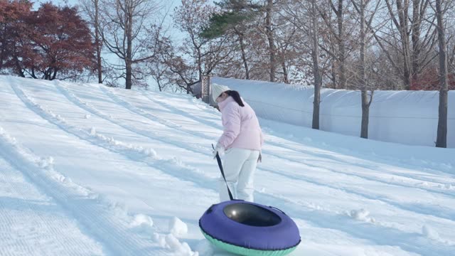 Sledding Slope - Teenage girl pulling tube sled up snowy hill / South ...