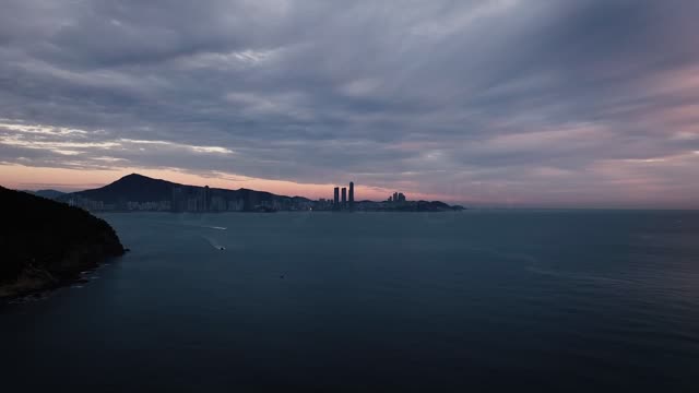 Busan, aerial view of seascape near Oryukdo shortly after sunrise ...