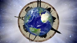 A spinning globe with internationally famous landmarks rotating around ...