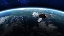 Satellite floating above the earth`s atmosphere. Earth cloud/land maps ...