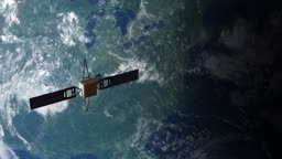 A satellite floating above the earth`s atmosphere. Earth cloud/land ...