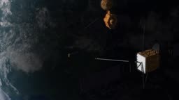 A satellite floating above the earth`s atmosphere. Earth cloud/land ...