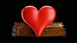 Red heart shape and hot chocolate splashes& slow motion. Alpha matte is ...