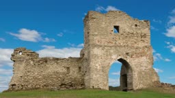 Ruined gates of cossack castle with blue sky and clouds (VID_2275296 ...