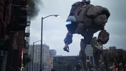 An alien giant robot invader destroys a city with its sizzling laser ...