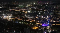 Hwaseong Fortress, downtown, roads and surroundings at night time ...