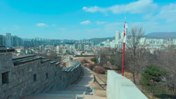 Hwaseong Fortress, edge of fortress, promenade, flag swaying / Suwon-si ...