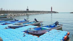 Gangwon-do, Gangneung-si, Simgok Port, fishing boat Lighthouseand ...