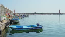 Gangwon-do, Gangneung-si, Simgok Port, fishing boat and seascape ...